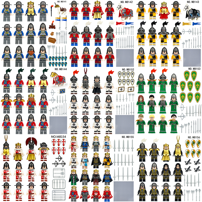 Medieval Military Golden Crowned Knight Soliders Minifigs Bricks Kids