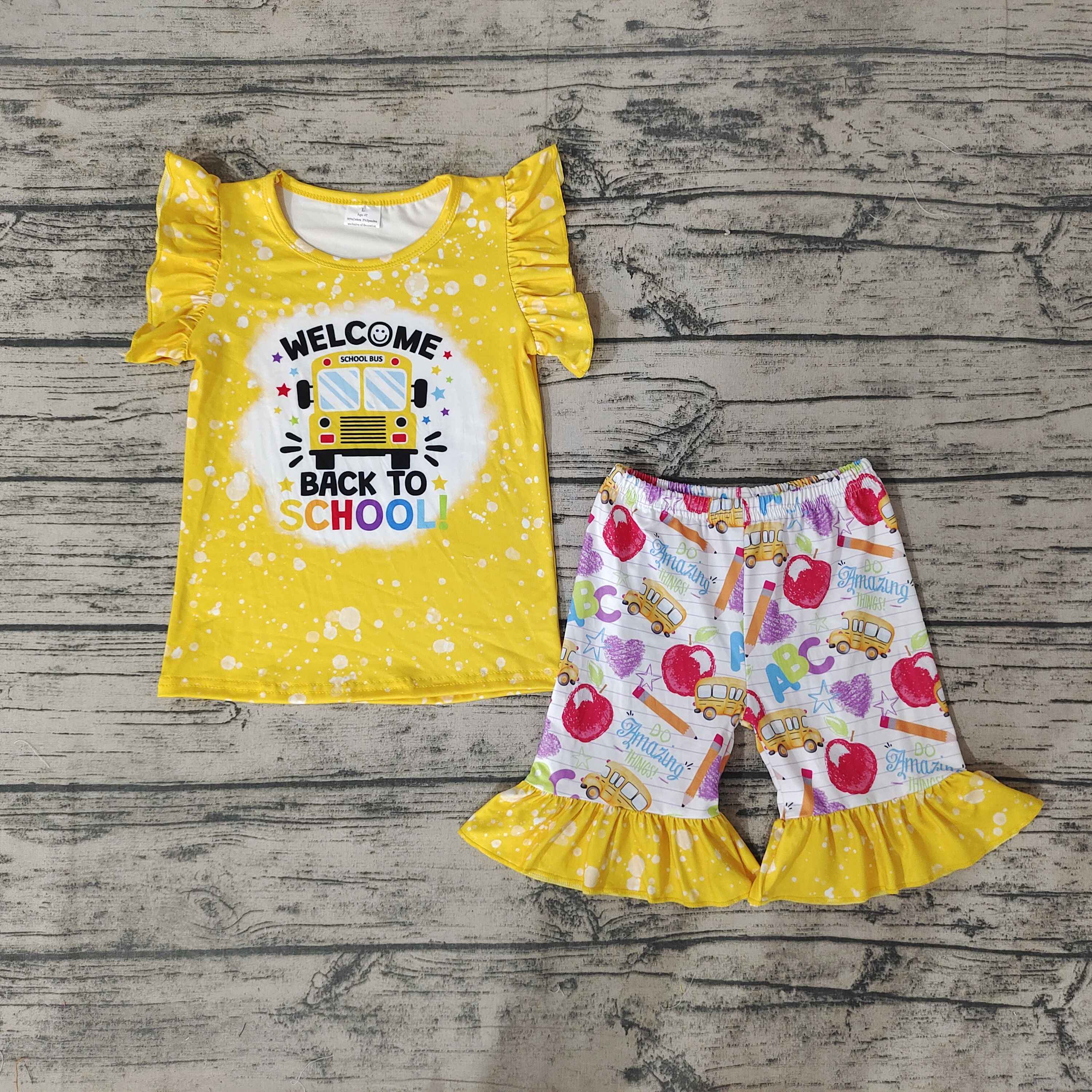 Pre-order girls summer clothes set WELCOME BACK TO SCHOOL bus yellow ...