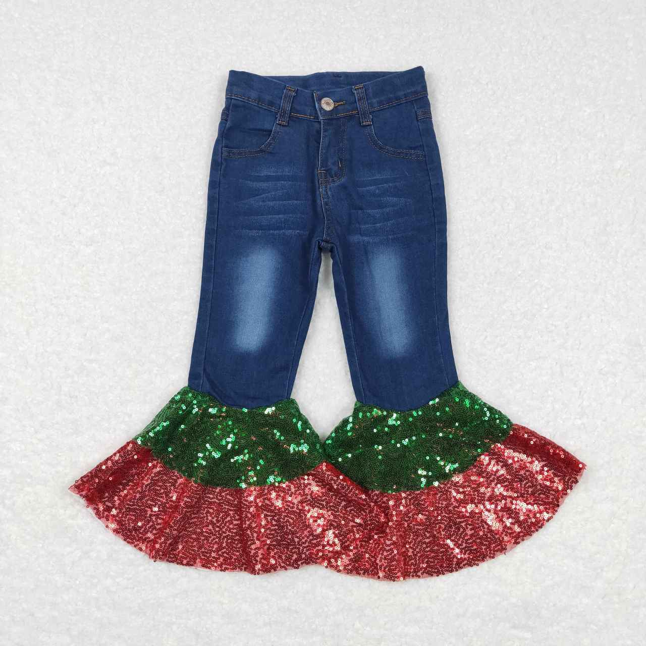 P0113 Red green sequined denim Jeans