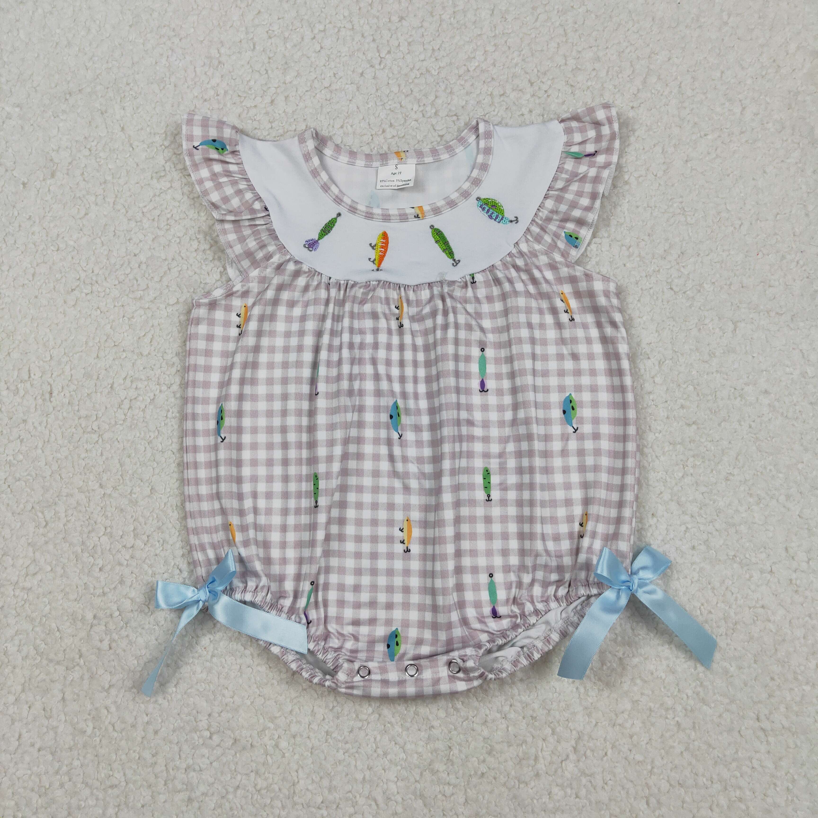 SR3395 RTS SR3395 Brown plaid fishing flying sleeve embroidery romper