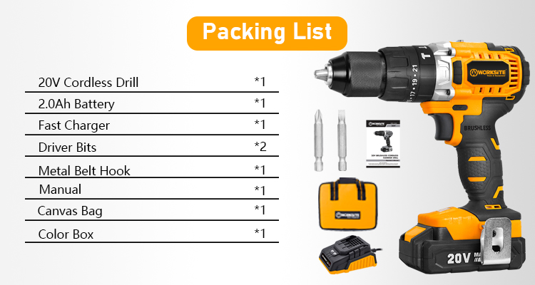 WORKSITE Brushless Cordless Hammer Drill 1/2-inch 20V Drilling Tools