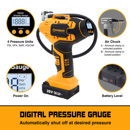 WORKSITE Inflator Air Pump 12V/20V Battery Power Gauge Gun Car Tyre Airbag Balloon Portable ...