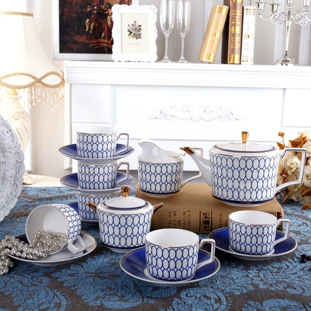 15 Pieces Set English afternoon tea set elegant blue circle European ...