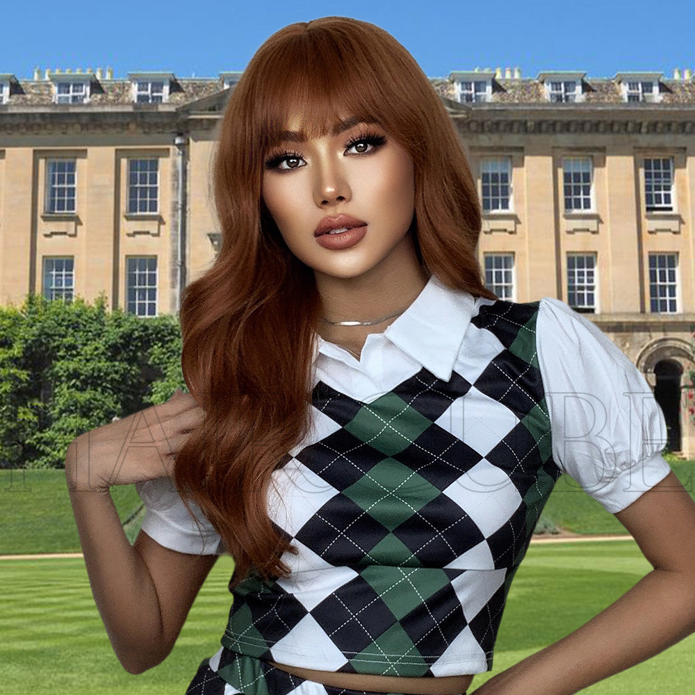 Wig Preppy lady with bangs dyed reddish brown long curly wig