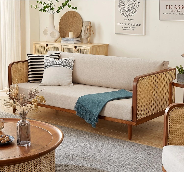 Rattan wood three seater sofa