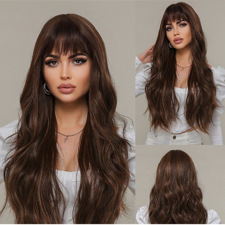 Brown Curly Hair Wig with Bangs