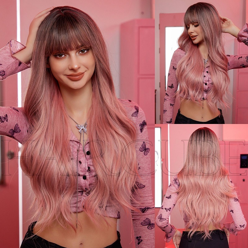 Y2K Pink Long Curly Wigs