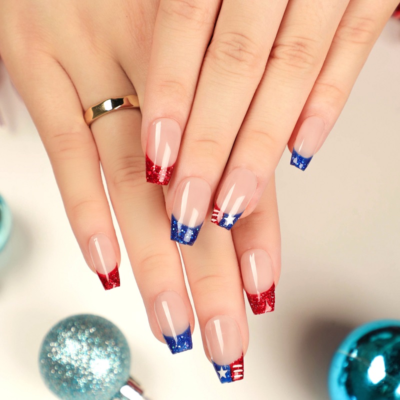 Red Blue French Tip False Nails