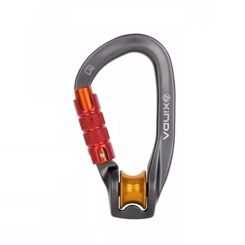 D-shape climbing locking carabiner with pulley