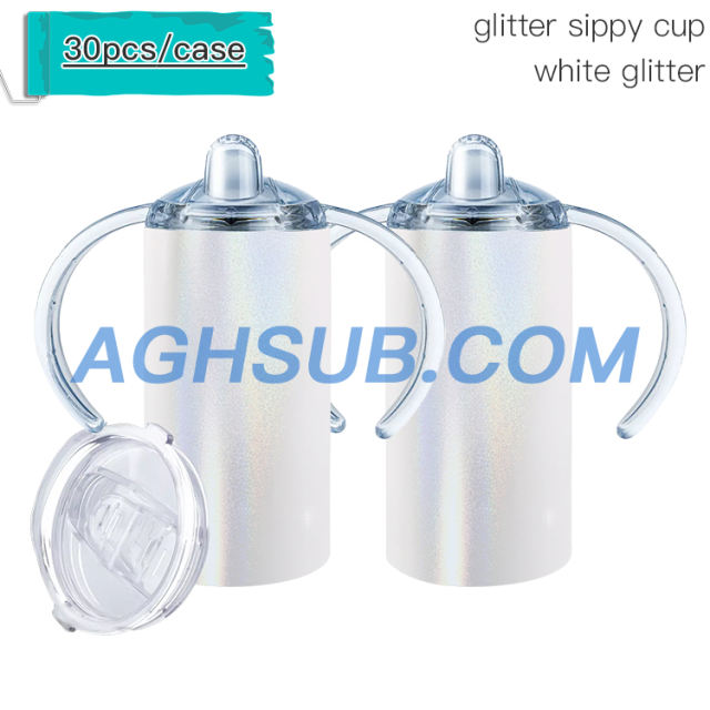 12oz 2 lids sublimation white glitter sippy cup
