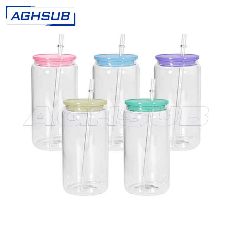 US warehouse 16oz sublimation glass jar with colored plastic lids