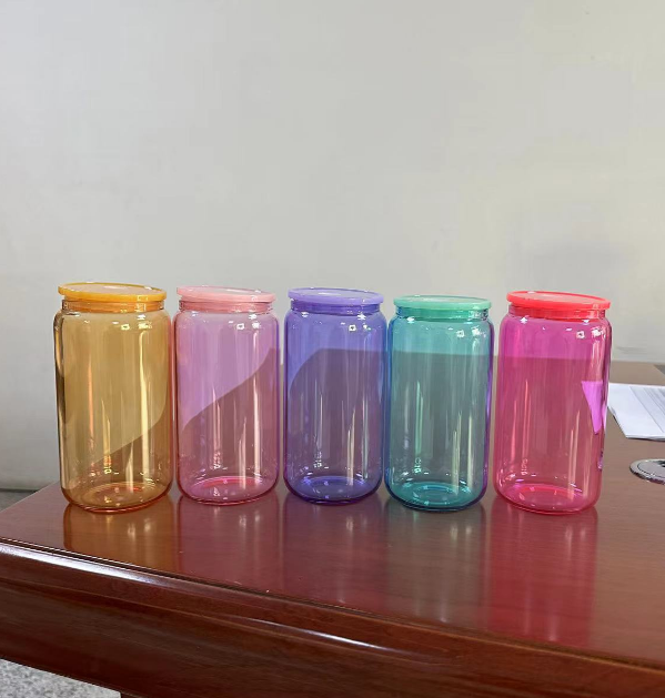 US warehouse 16oz sublimation colored glass cup with colored plastic lids