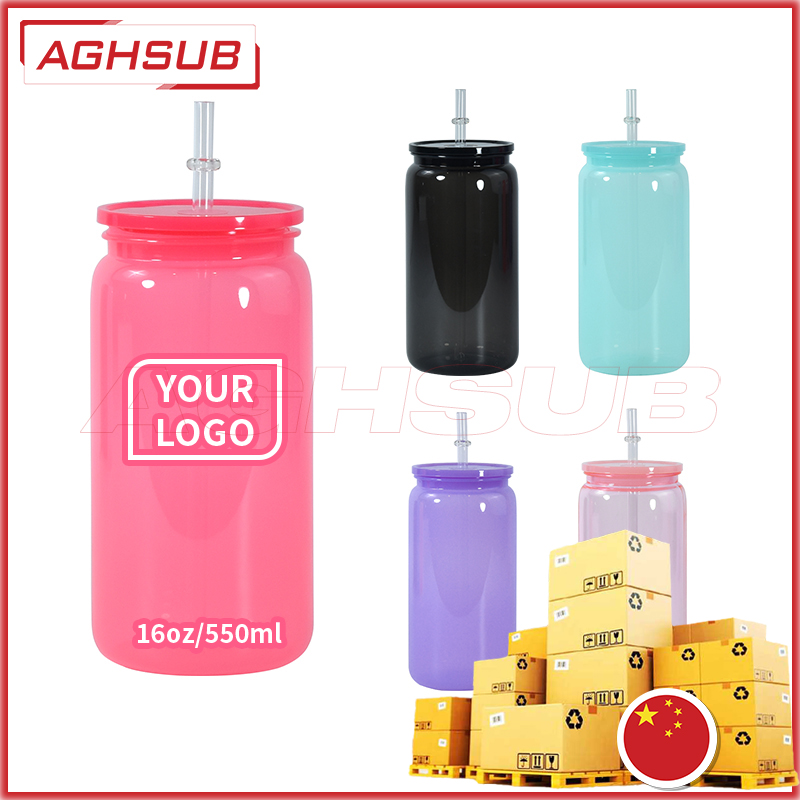 16oz sublimation colored glass cup with colored plastic lids