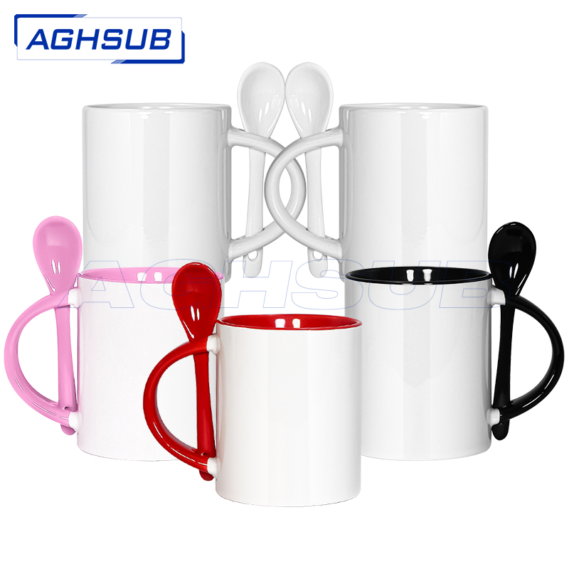 12pcs pack 11oz ceramic colored handle sublimation mug with spoon white ...