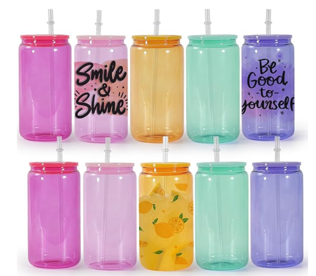 US warehouse 16oz sublimation colored glass cup with colored plastic lids