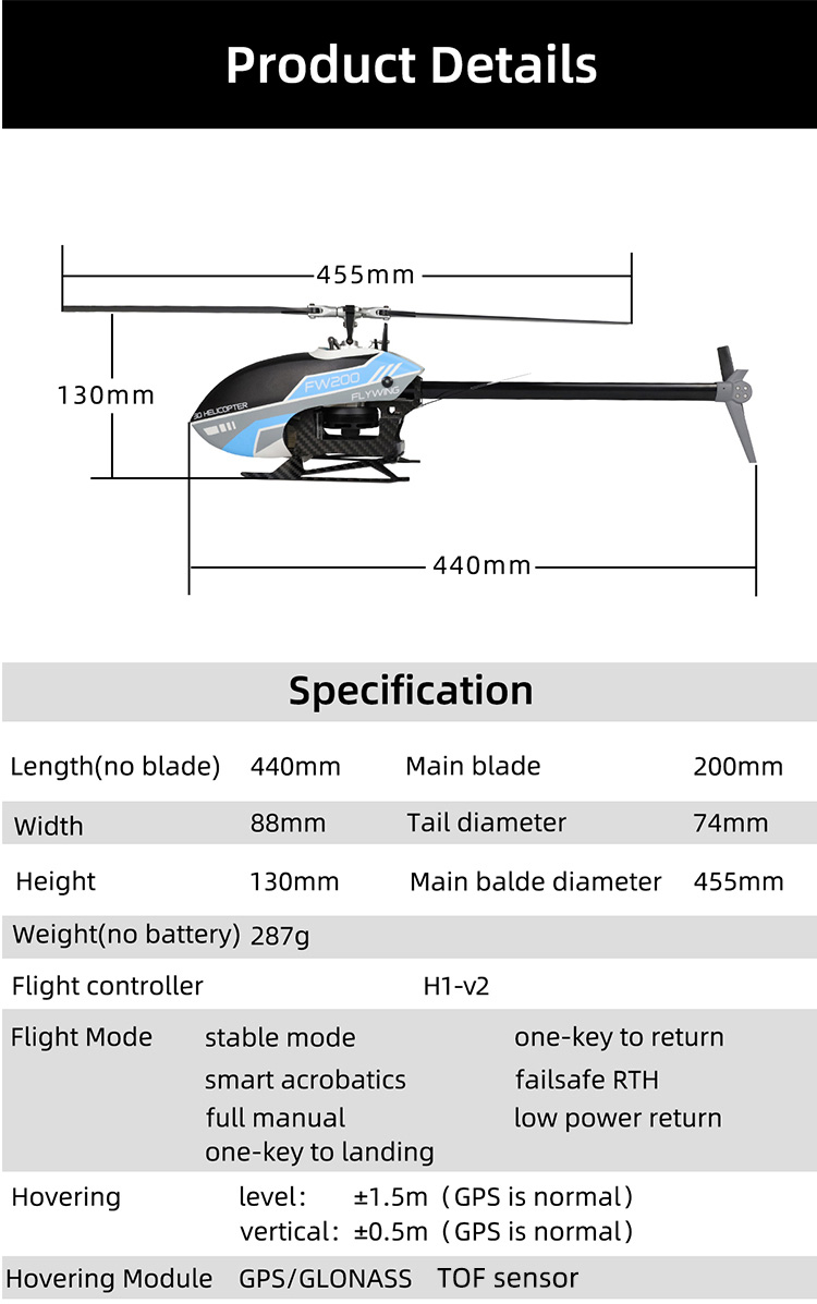 Flywing FW200 H1-V2 Flight Controller RTH GPS Hold RC Helicopter RTF