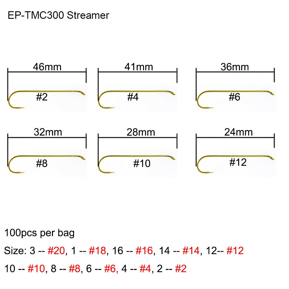 Eupheng 100pcs EP-TMC-300 Streamer Straight Forged Down Eye Fly Fishing ...