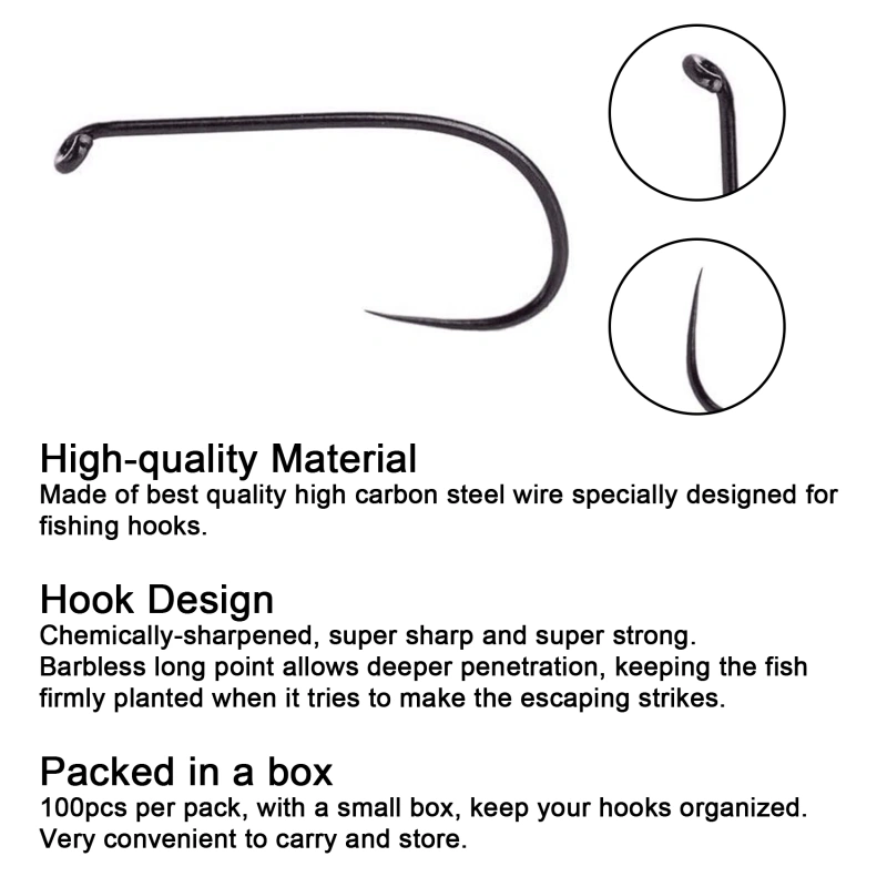 Fly Fishing Hooks 100pc Pack Barbless Catch & Release Dry Wet Nymph ...