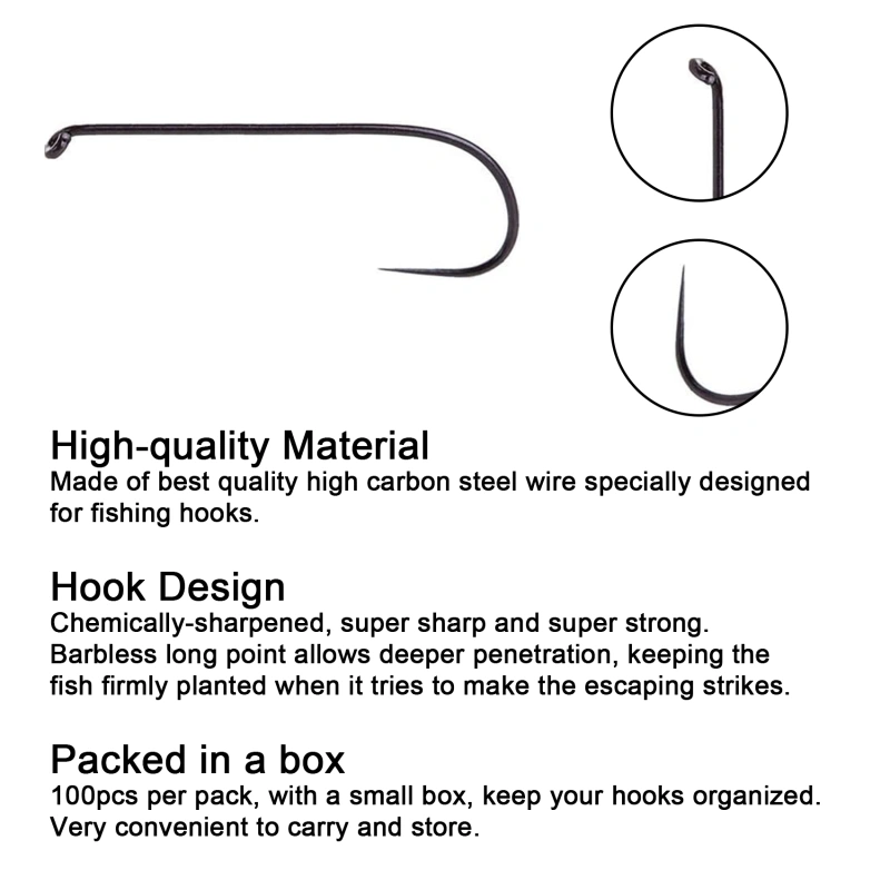 Fly Fishing Hooks 100pc Pack Barbless Catch & Release Dry Wet Nymph ...