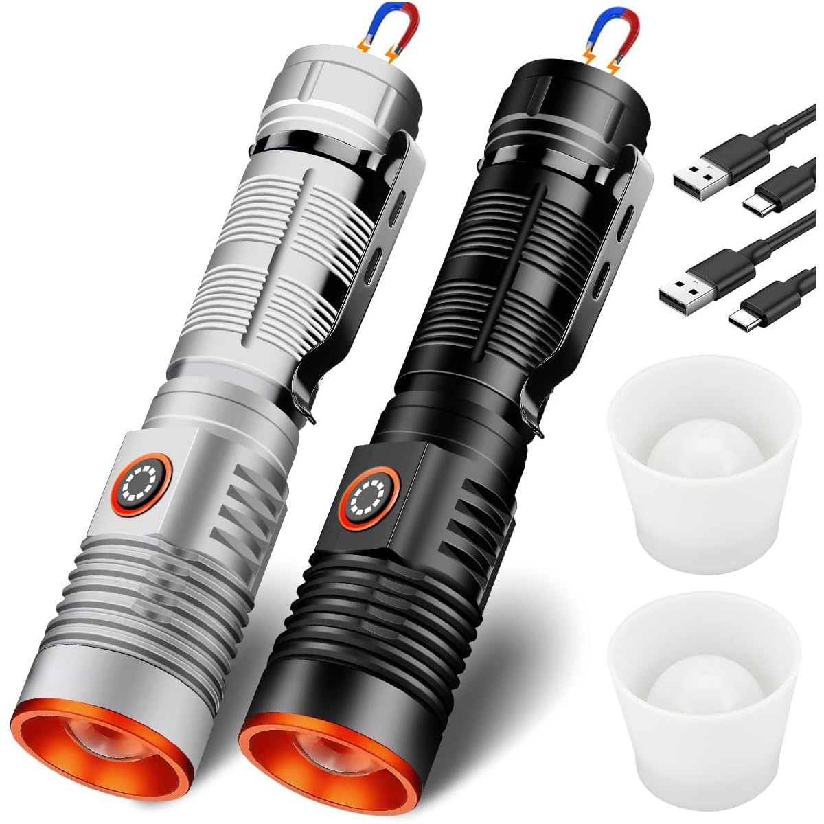 2 Pack Garberiel High Lumen Rechargeable Magnetic Flashlight with Clip