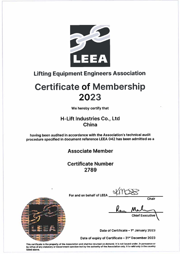 H-Lift LEEA Certificate of Membership