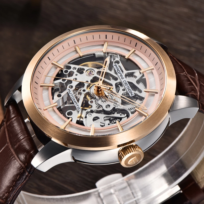 PAGANI DESIGN Men's Skeleton Automatic Watches Genuine Leather Strap ...
