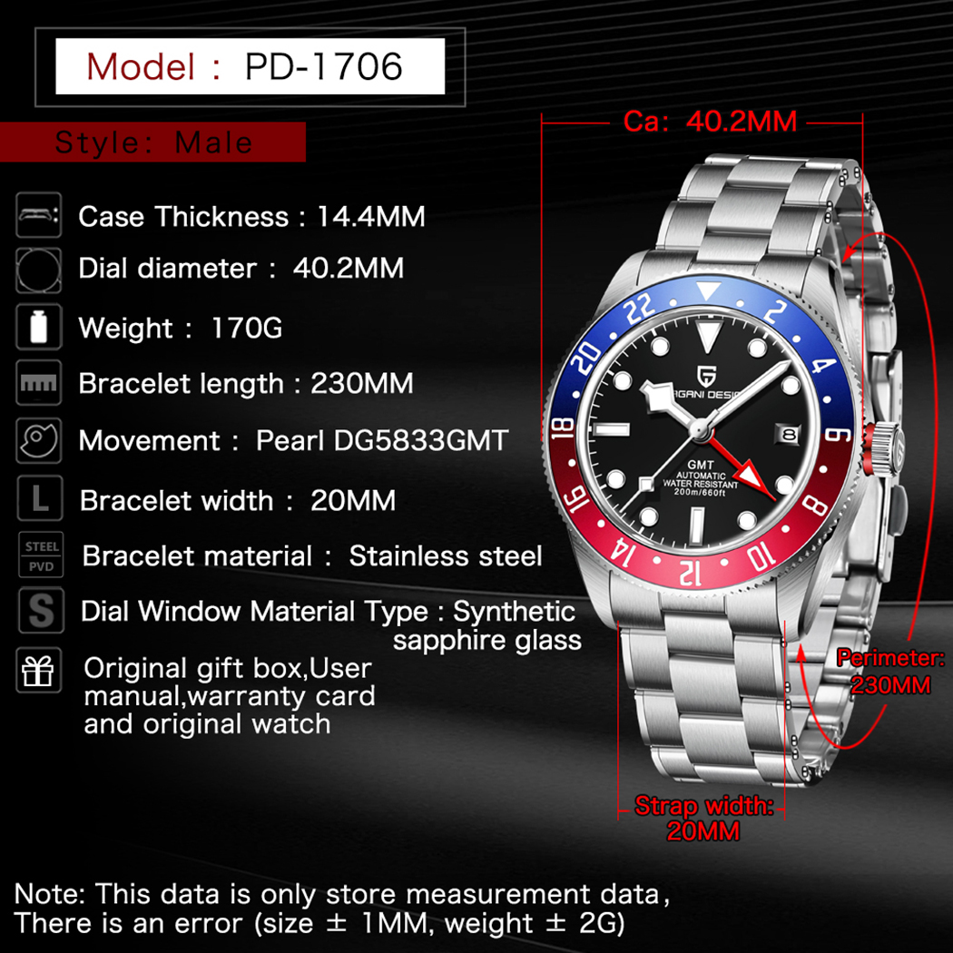 PAGANI DESIGN PD-1706 Men's Watches New Black Bay GMT Automatic Wrist ...