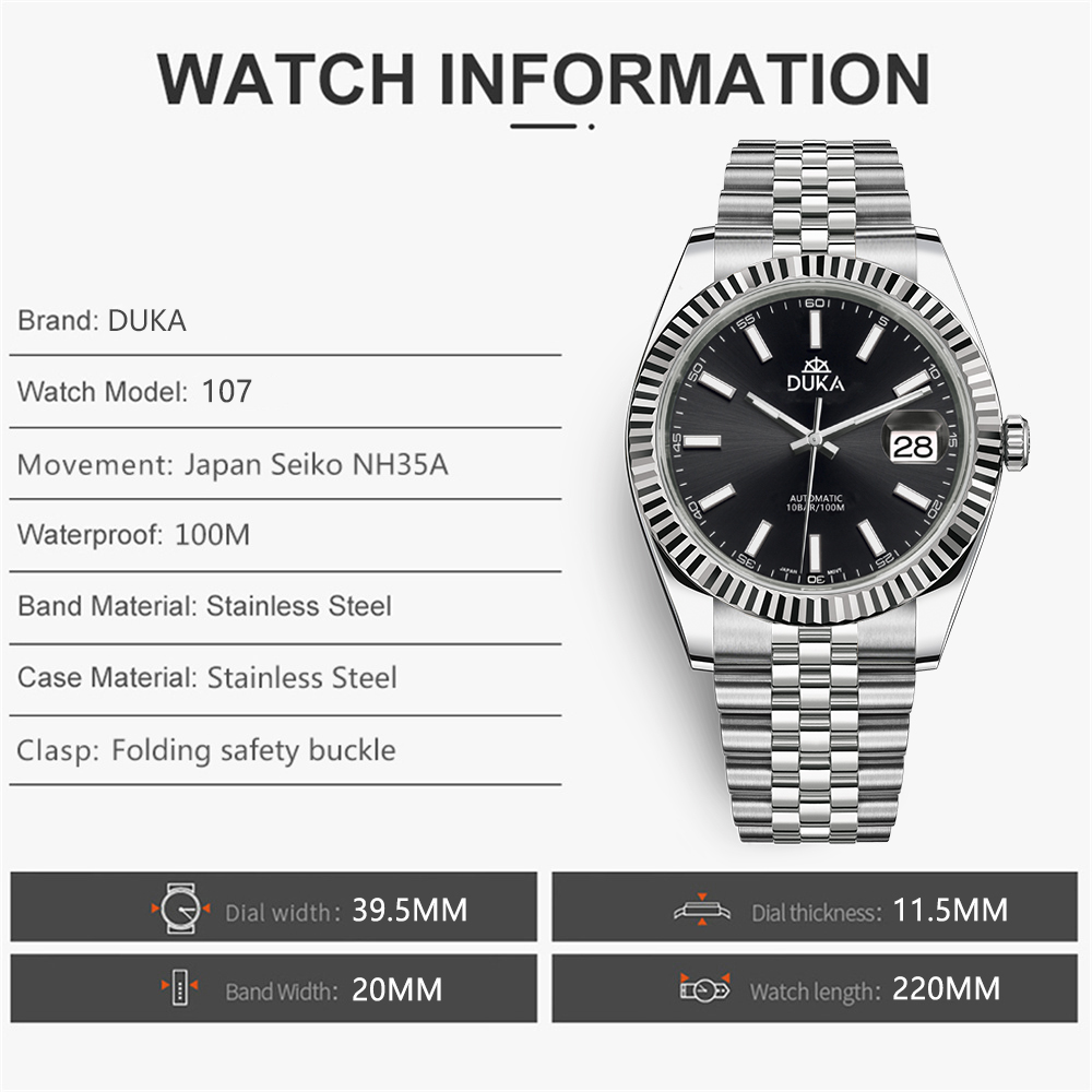 DUKA Men's Watches DK107 Stainless Steel Automatic Mechanical Wrist ...