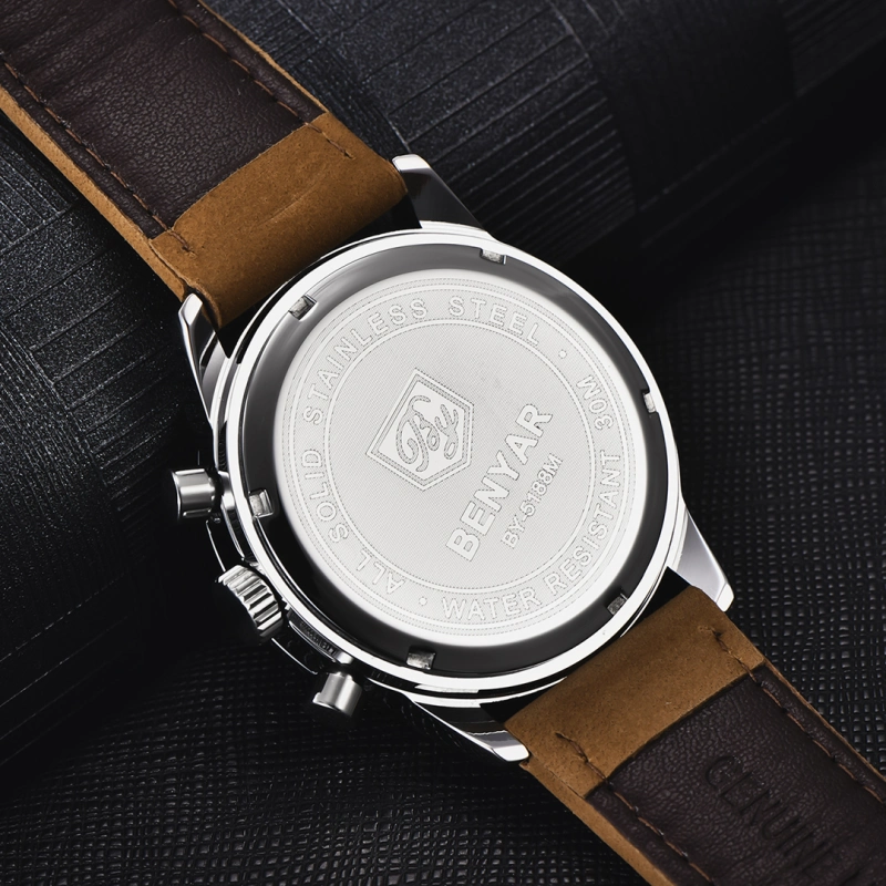 BENYAR Men's Quartz Watches Chronograph Leather Sports 42mm Wrist Watch ...