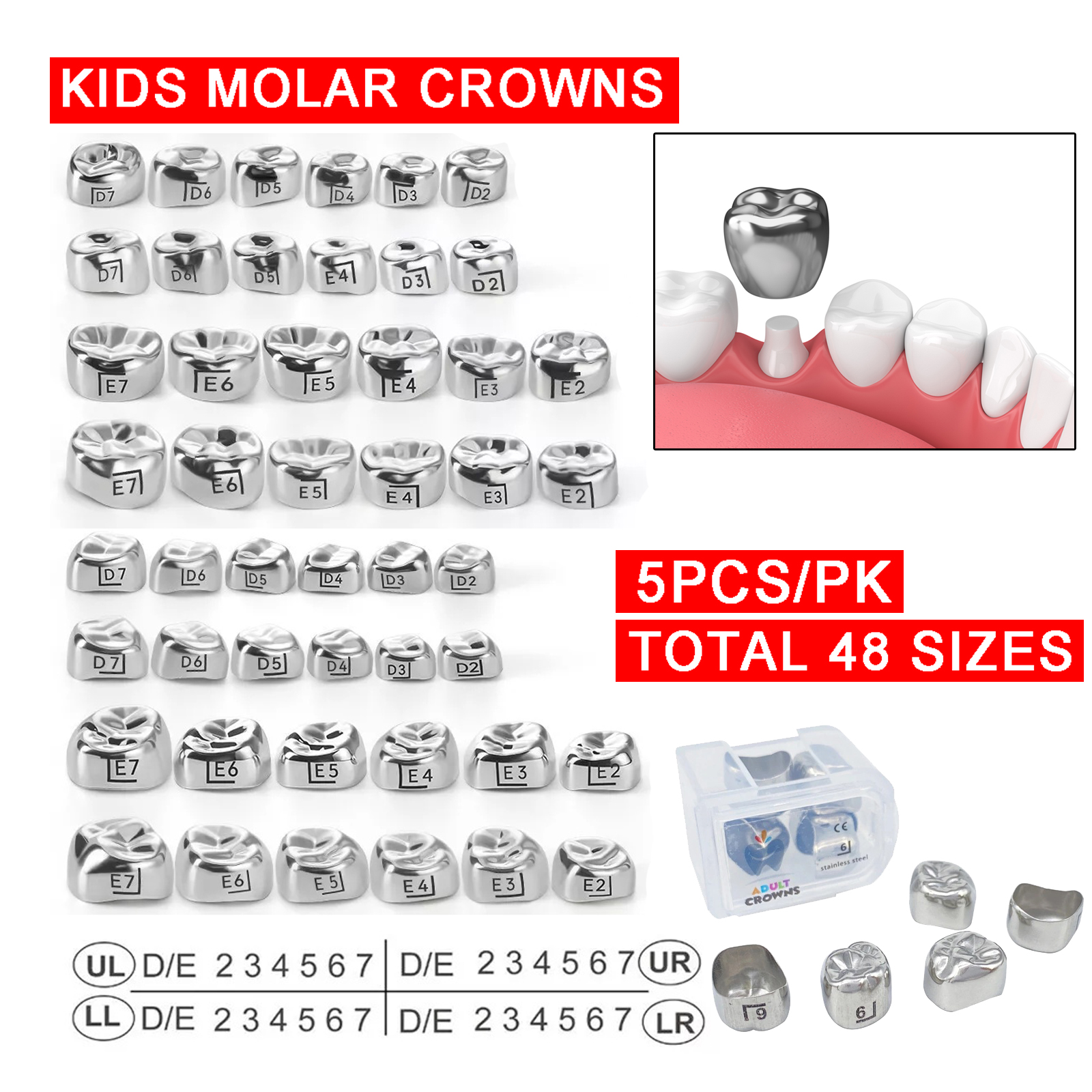 5Pcs Dental Kids Crown Primary Molar Pediatric Crowns stainless steel 48 Sizes