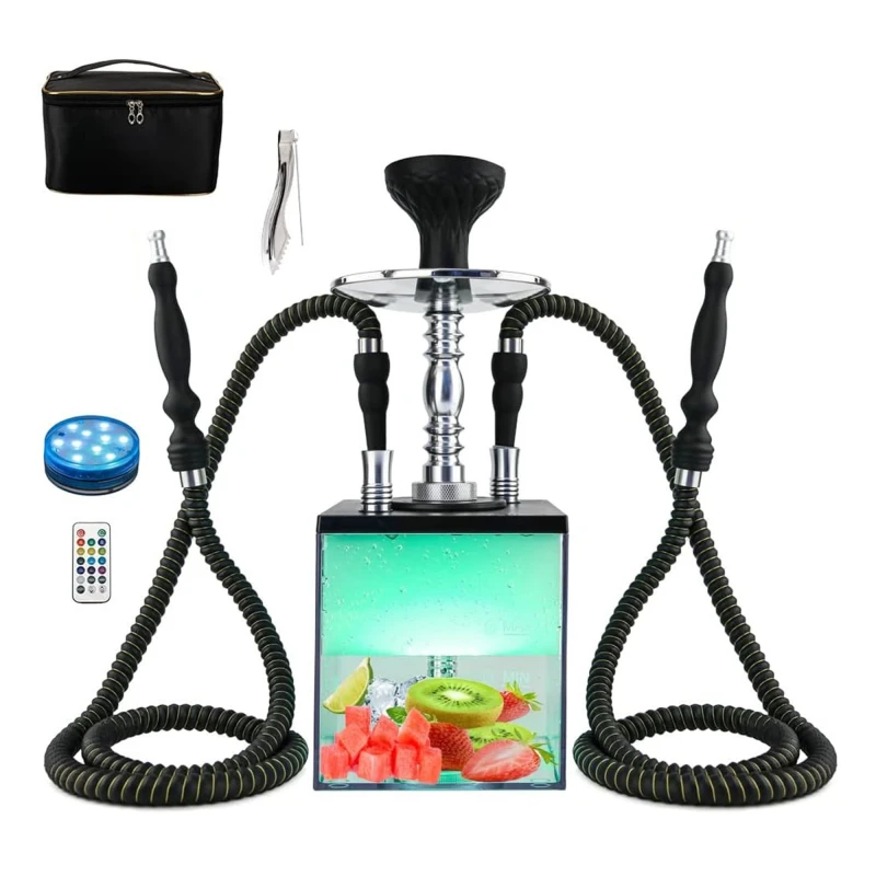 Acrylic Hookah Set Square Cube Hookah with 2 Pipe Led Light Silicone ...