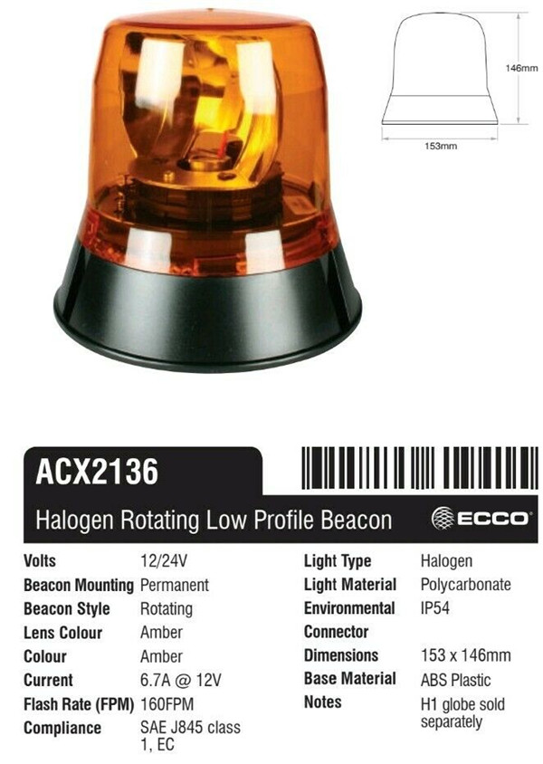 Amber Rotating Beacon Permanent 3 Bolt Mount Halogen ECCO ACX2136 Class 1