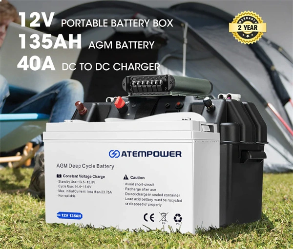 Atem Power 12V 135Ah AGM Deep Cycle Battery + 12V 40A DC to DC Battery Charger + Battery Box