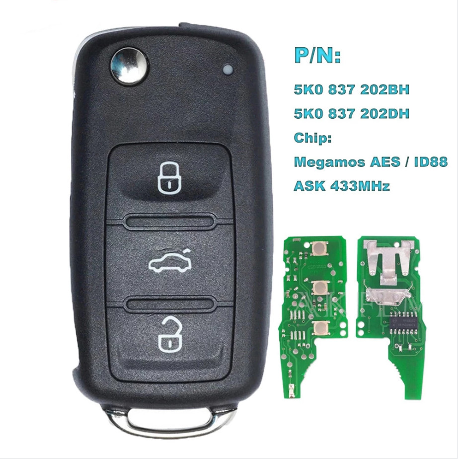 For VW MQB 3 button remote key 433mhz with Megamos AES / ID88 chip ...