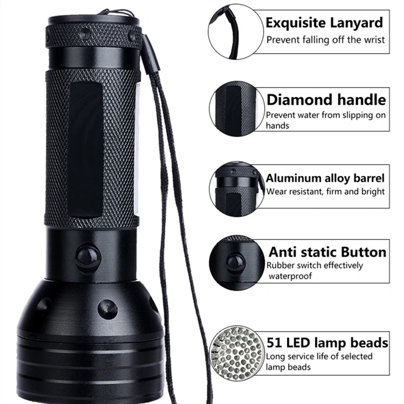 UV Flashlight 51LED UV Light 395-400nm LED 3 Modes Dimming Jewelry Inspection Torch Ultraviolet ...
