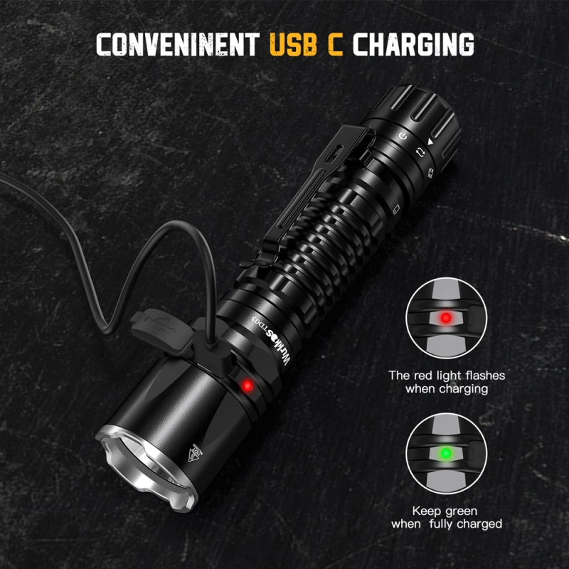 Wurkkos TD03 USB C Rechargeable Tactical Flashlight, SFT40 5000K 1800lm Throw 353M Rotary Switch ...