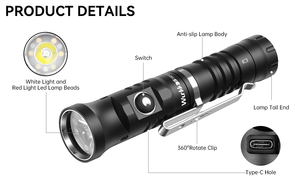 Wurkkos HD11 90° Folding Flashlight, Red＆White Led, Automatic Switching ...