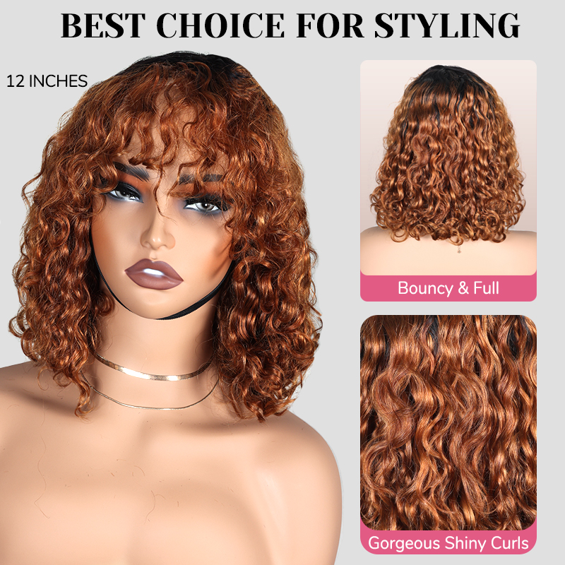 Ombre 1b/27 Glueless Wigs With Bangs | 12 Inch Water Wave Hair