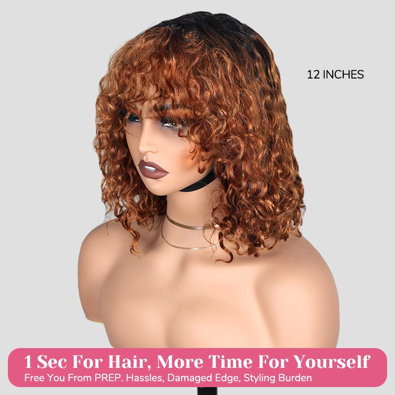 Ombre 1b/27 Glueless Wigs With Bangs | 12 Inch Water Wave Hair