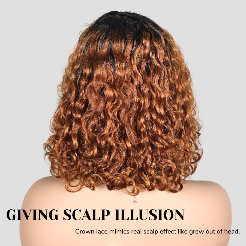 Ombre 1b/27 Glueless Wigs With Bangs | 12 Inch Water Wave Hair
