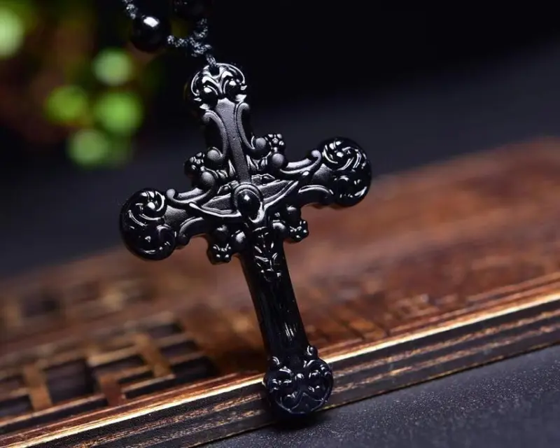 Natural Obsidian Cross Pendant