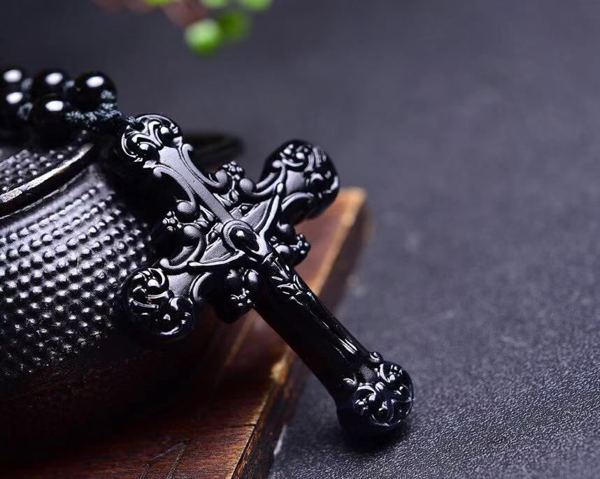Natural Obsidian Cross Pendant