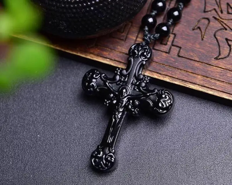 Natural Obsidian Cross Pendant
