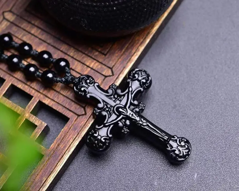 Natural Obsidian Cross Pendant