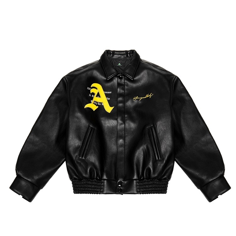 Lanwo Custom Leather black versity jacket yellow Baseball Jacket ...