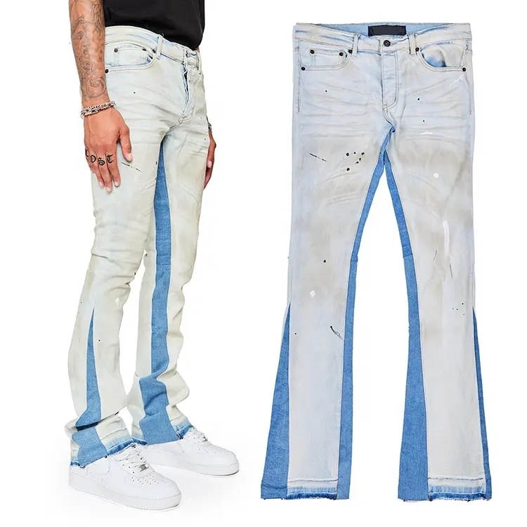 High Quality Men's Distress Hole Flare Fit White Blue Denim Pants ...