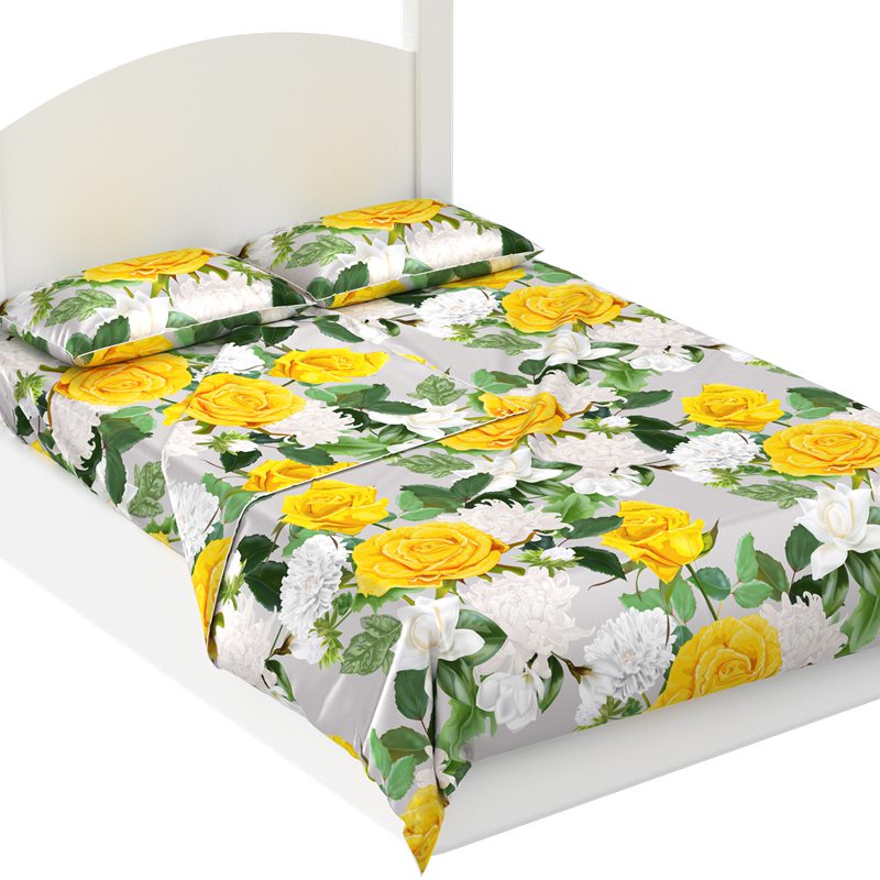 100% Mulberry Silk Yellow Rose Print Bedding Set
