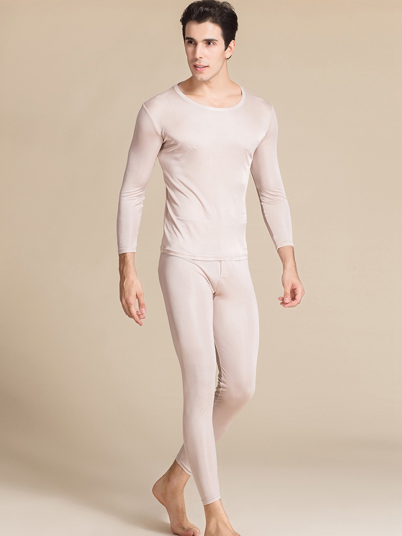 Men's 100% Mulberry Silk Knitted Round Neck Long Johns Set