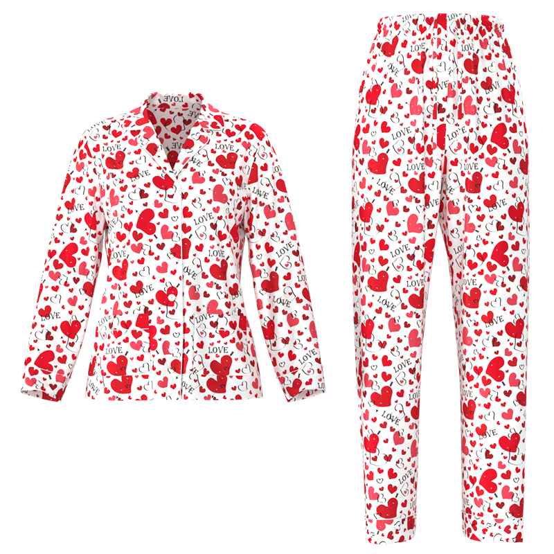 Women's 100% Mulberry Silk Red Heart White Pajamas Set