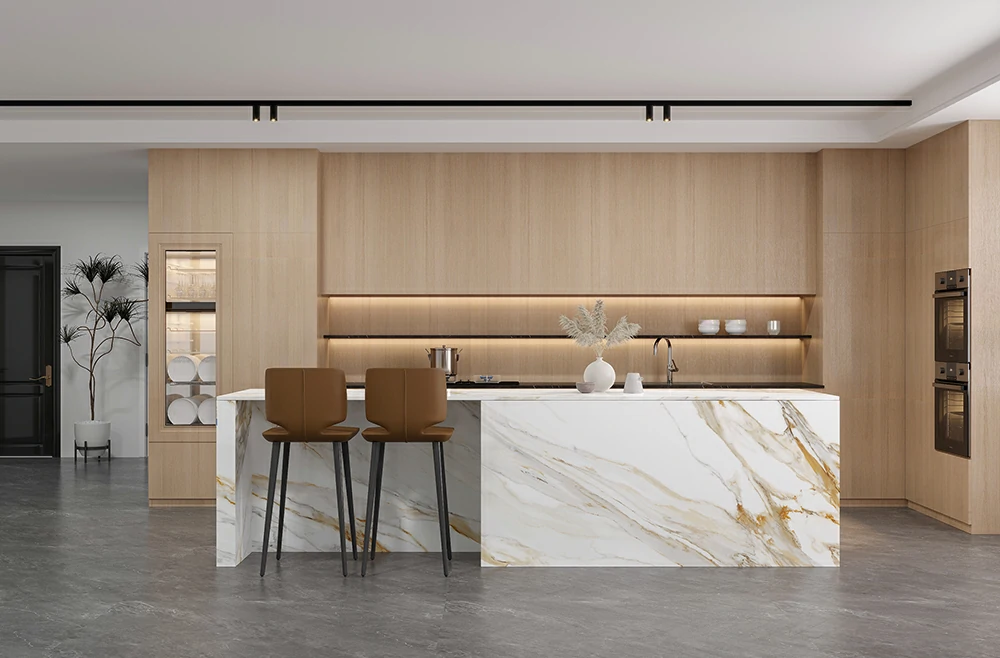 Klitkin gold sintered stone slab kitchen countertops and TV backdrop walls